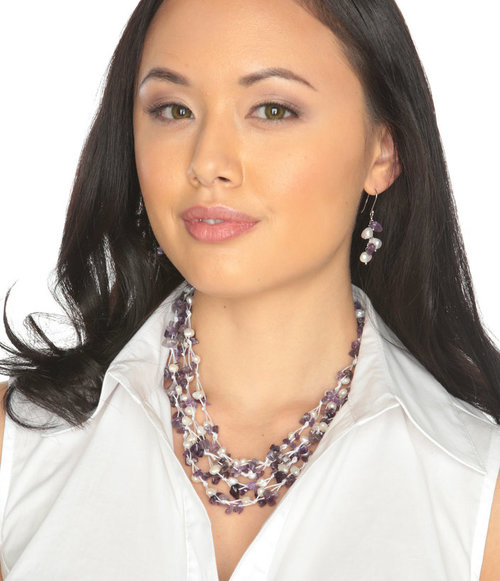 4-Strand Handwoven Amethyst & White Freshwater Cultured Pearl Necklace ...